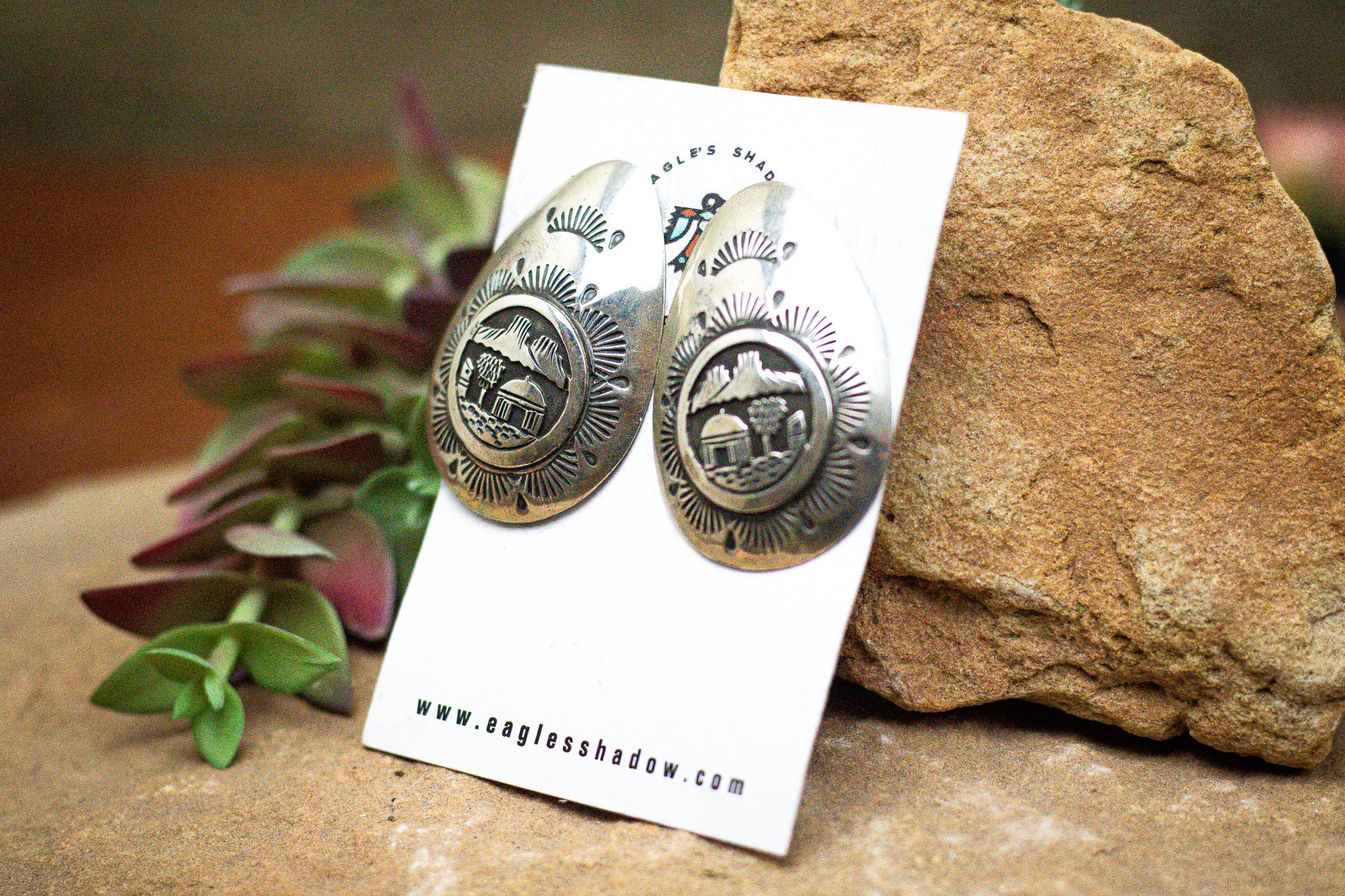 Hopi Pueblo 1980's Sterling Silver Overlay Sunrise Storytelling Earrin ...